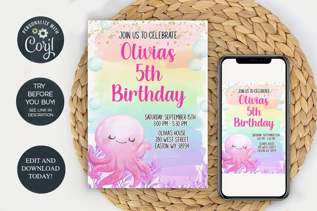 Octopus Birthday Party Invitation, Octopus, Under the Sea, Rainbow ...