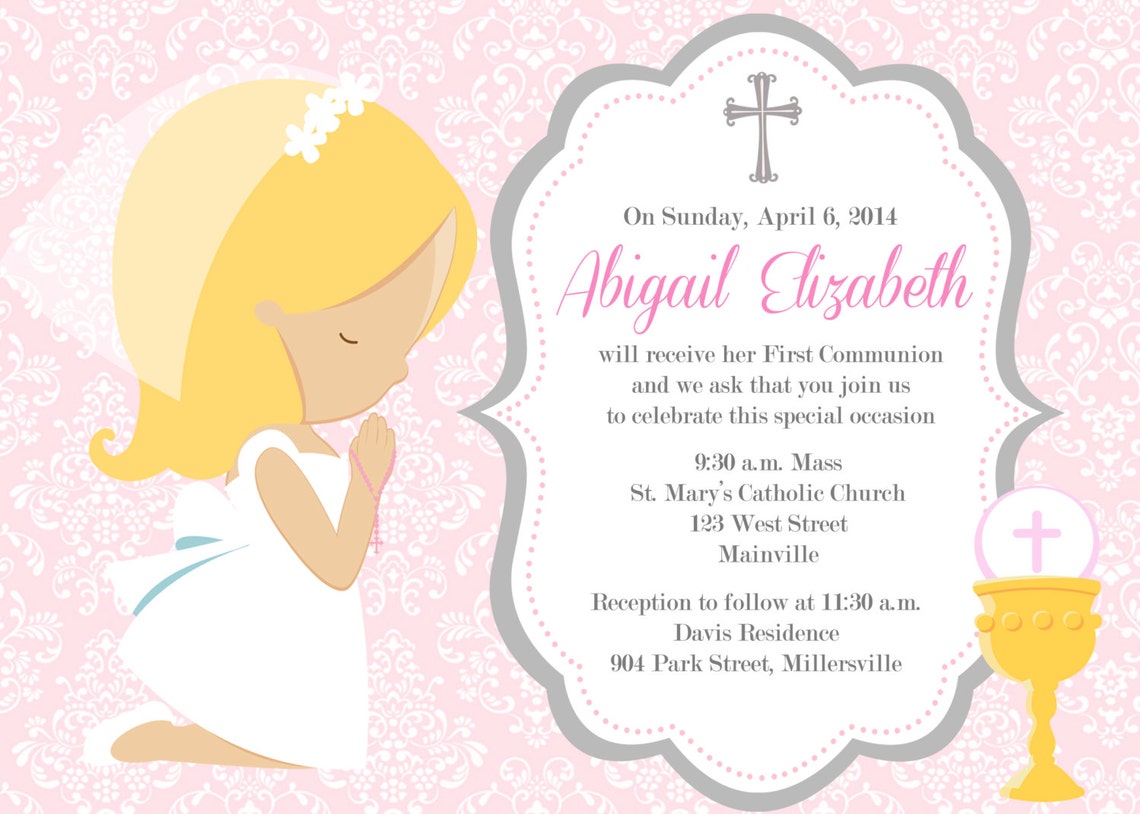 First Communion Invitation, Girl, Pink, Any Hair Color, Printable or ...