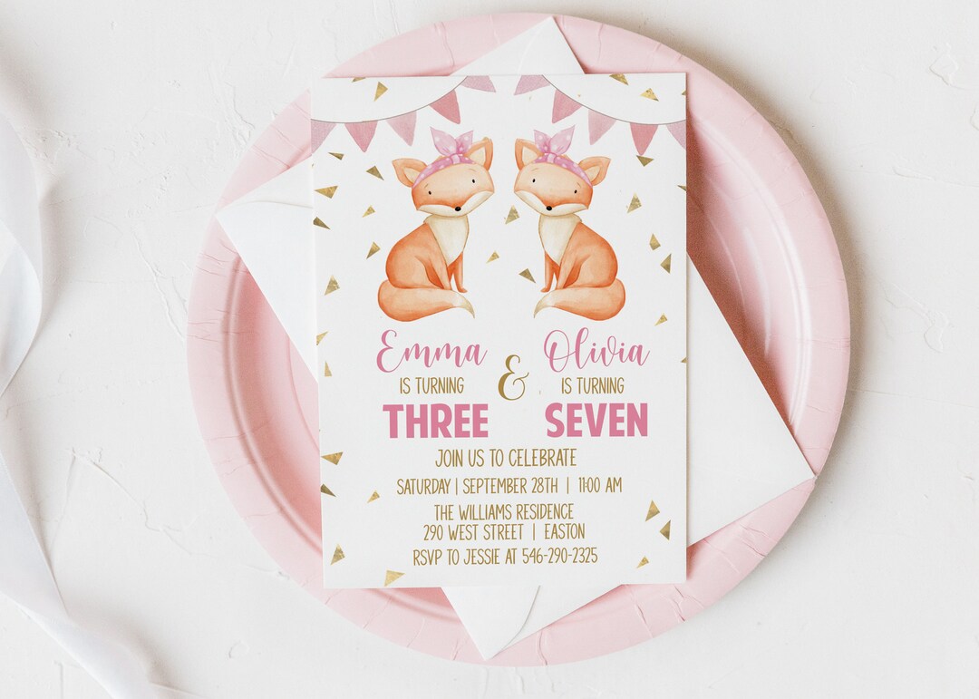 INSTANT DOWNLOAD Fox Sibling Sisters Joint Birthday Party Invitation ...
