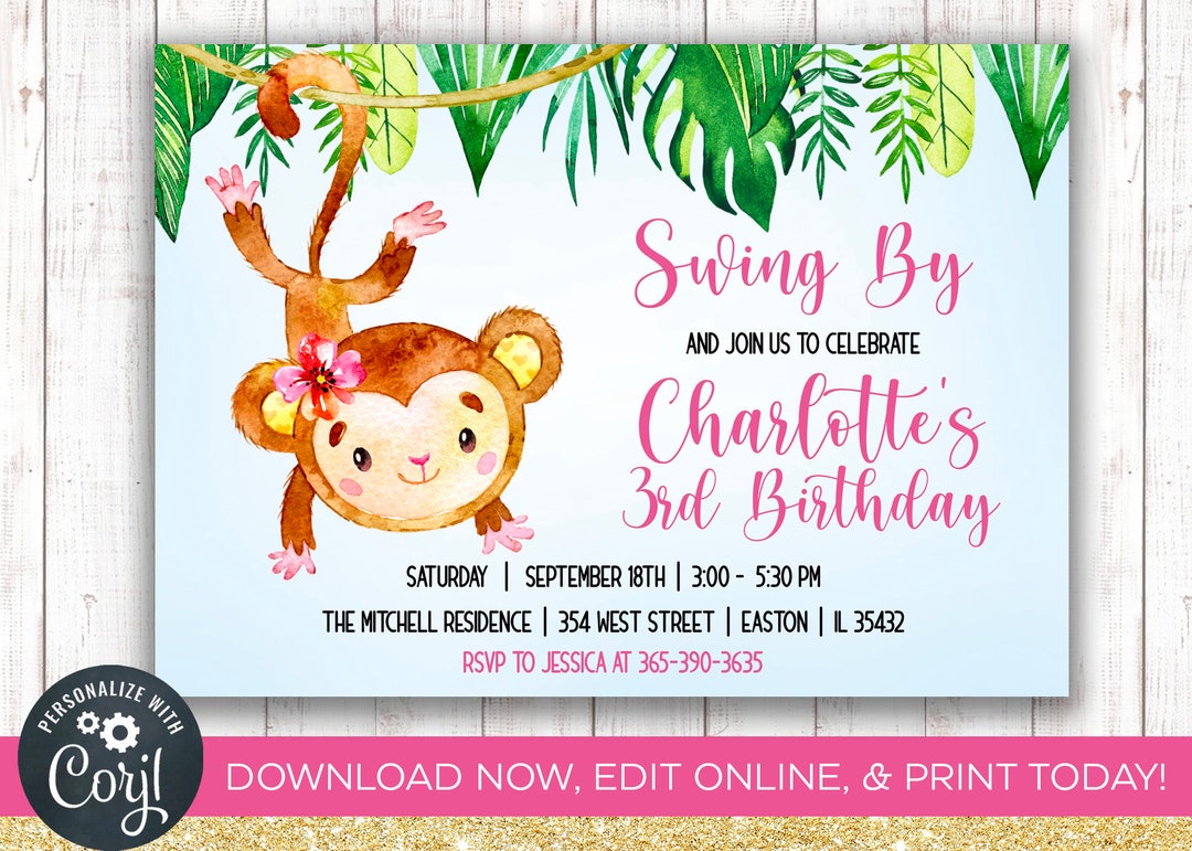 Monkey Girl Invitations Girls Safari Sibling Birthday Invitation