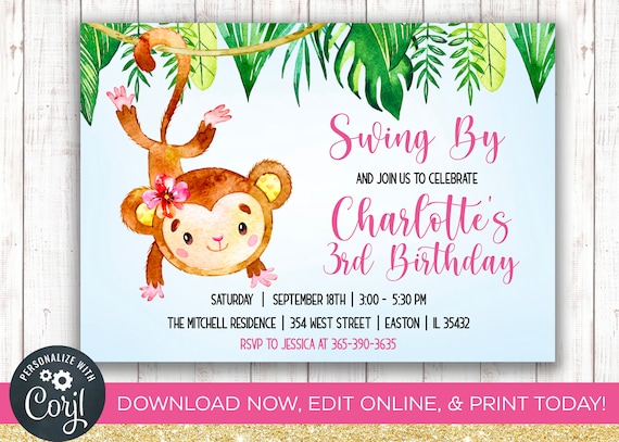 Monkey Girl Birthday Party Invitation Monkey Party Girl - Etsy
