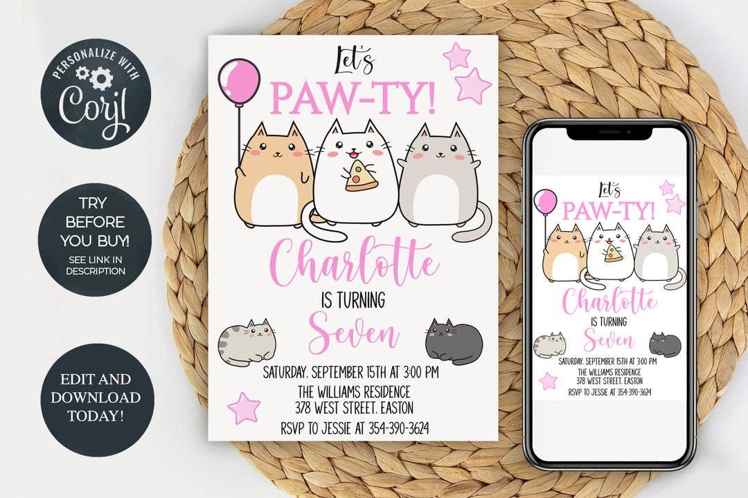 Cat Birthday Party Invitation, Cat Party, Kitty, Pawty, Paw-ty, Invite ...