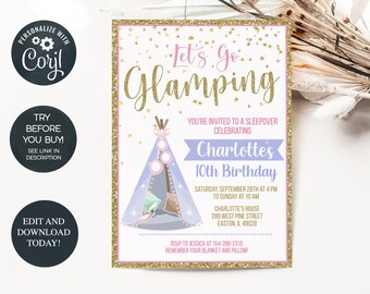 Glamping Invitation, Slumber Party Invitation, Tent Sleepover, Girl Camping Sleepover Invitation ...