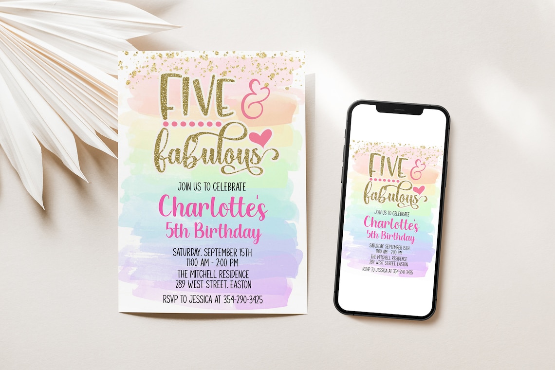 Five and Fabulous Birthday Party Invitation, Five, Fabulous, 5th ...