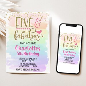 Five and Fabulous Birthday Party Invitation, Five, Fabulous, 5th ...