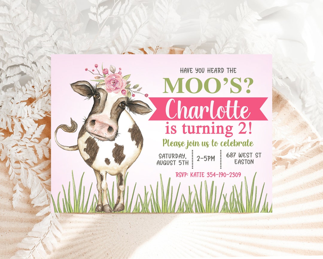 Cow Girl Birthday Party Invitation Girl Cow Animal Farm - Etsy