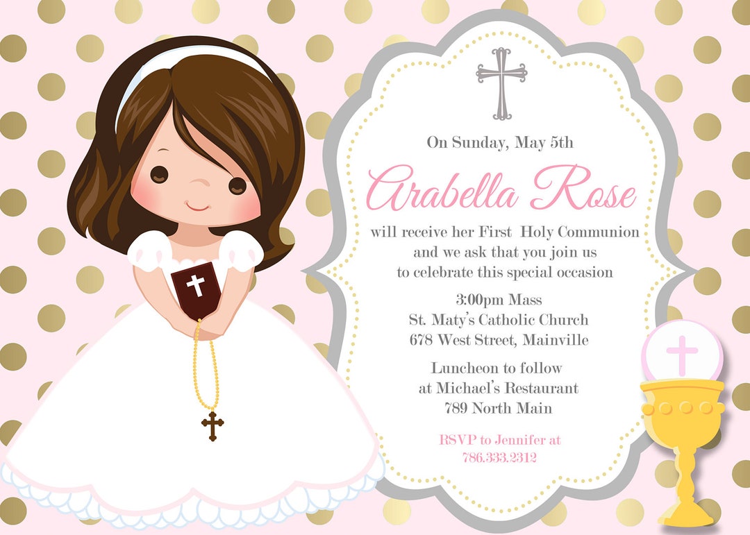 First Communion Invitation, Girl, Pink, Gold, Any Hair Color, Digital ...