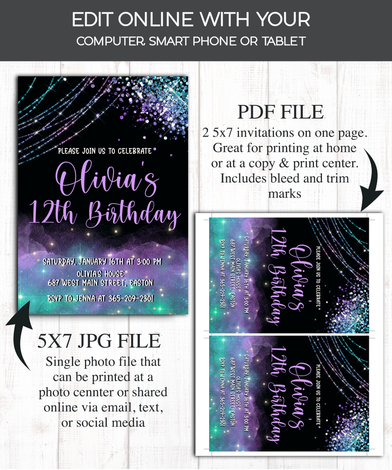 Galaxy Birthday Invitation, Outer Space, Space, Purple, Black, Teen ...