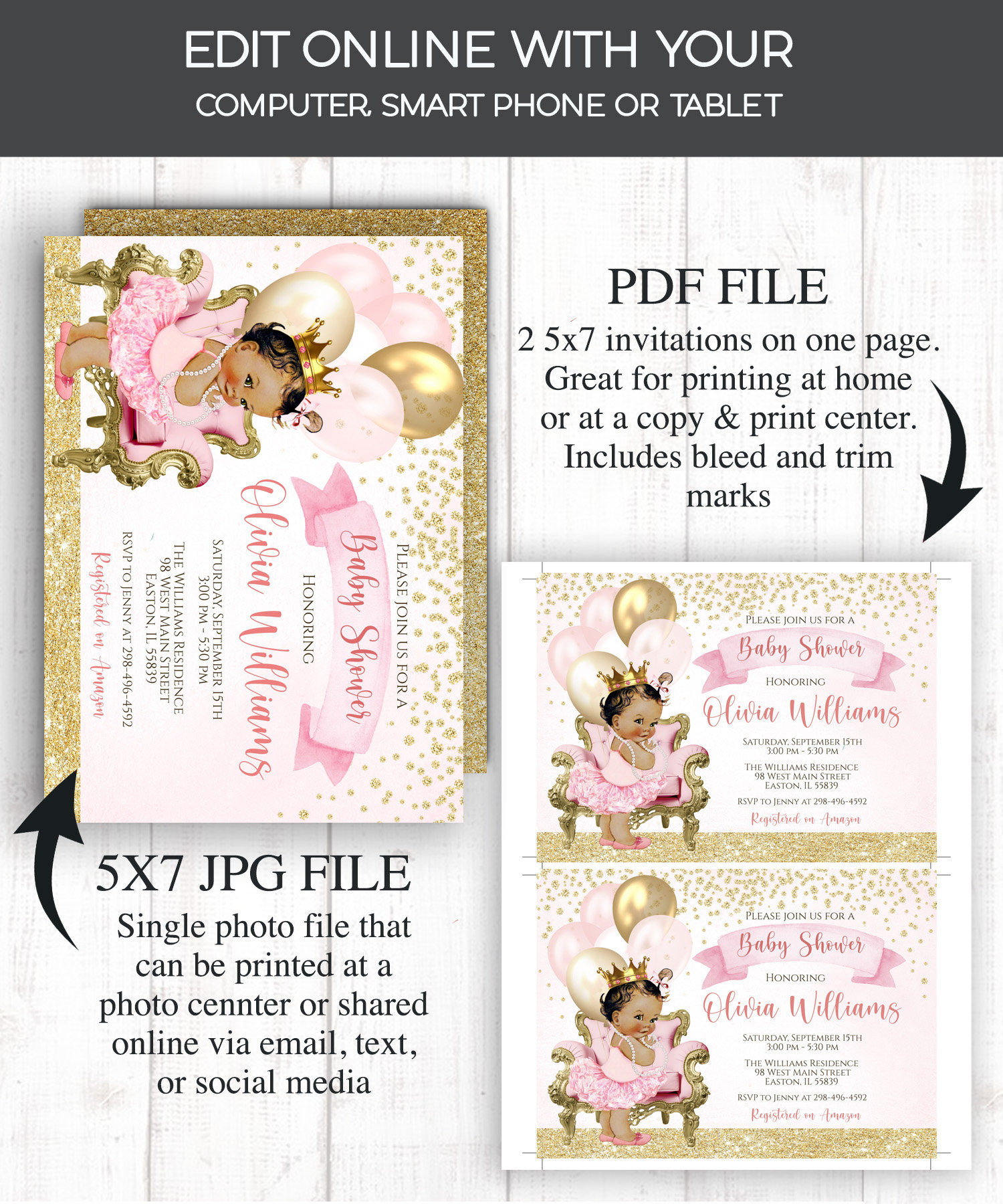 Princess Baby Shower Invitation, Baby Shower, Balloons, Gold, Pink ...