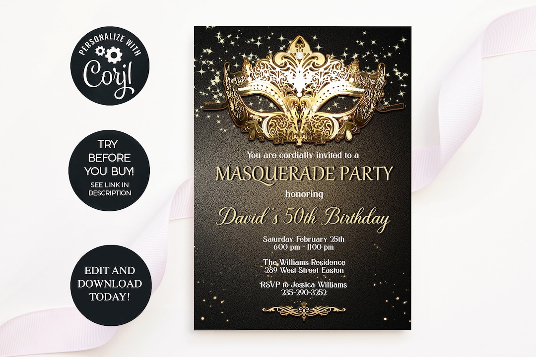 Masquerade Birthday Party Invitation, Mardi Gras Birthday, Ball, Dance ...