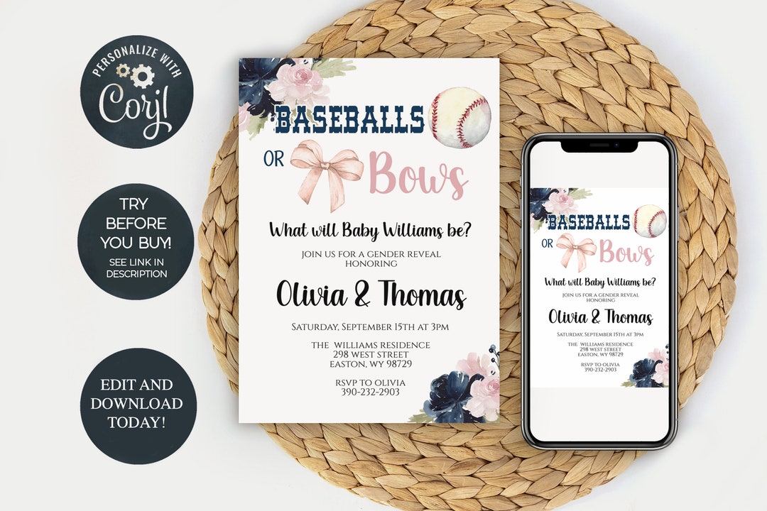 EDITABLE, Baseballs and Bows Gender Reveal Invitation, Baseball, Gender ...