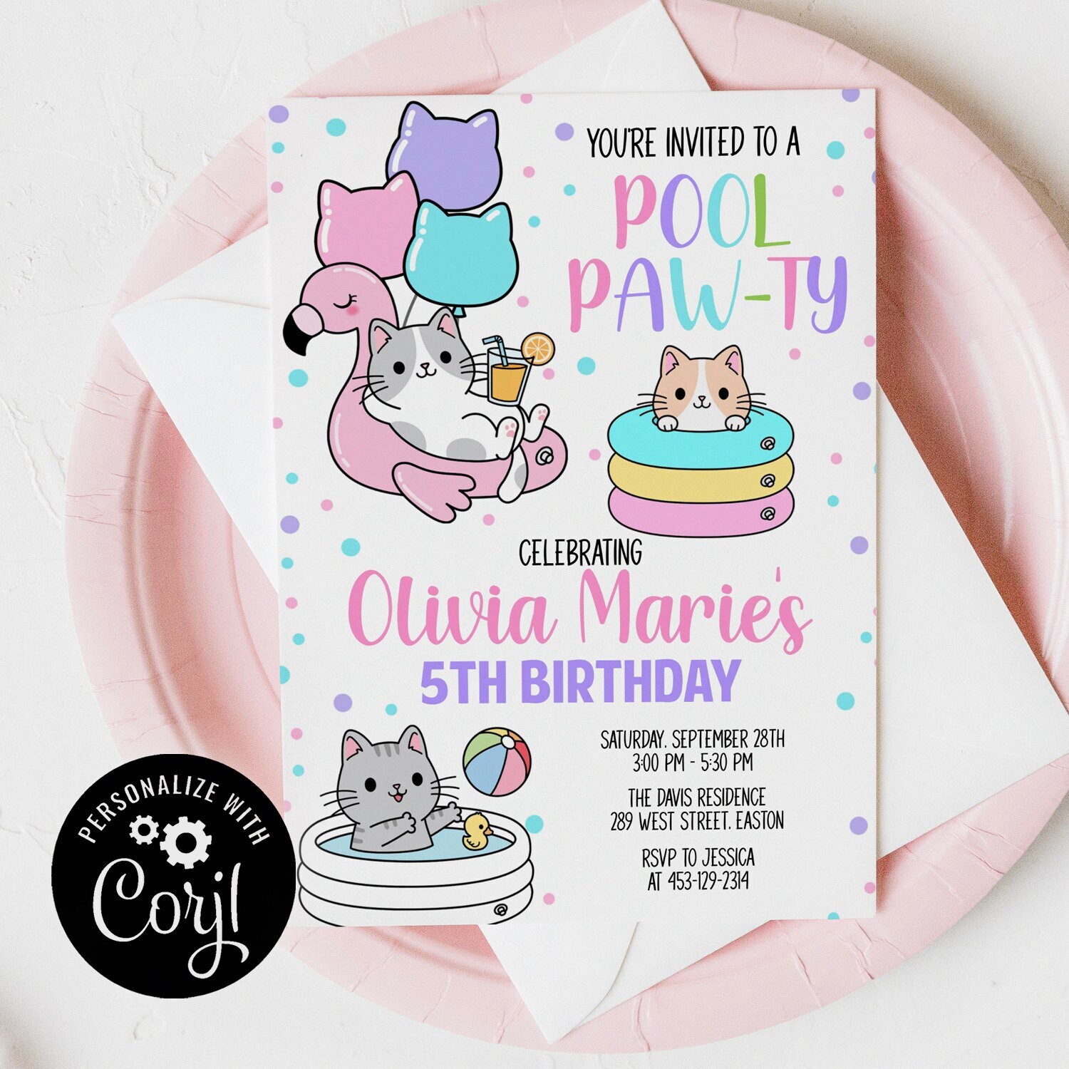 Instant Download, Cat Pool Party Invitation, Cat Party, Swimming, Swim ...