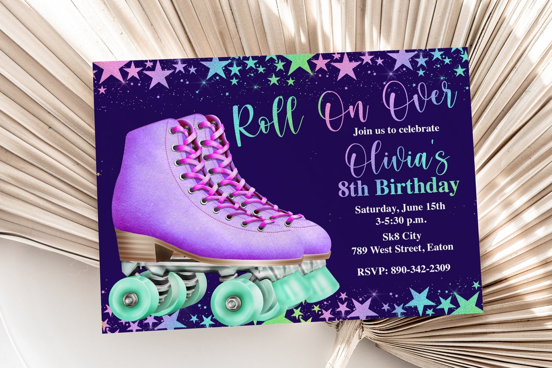 Roller Skate Birthday Party Invitation, Skating, Roller Skating, Purple ...