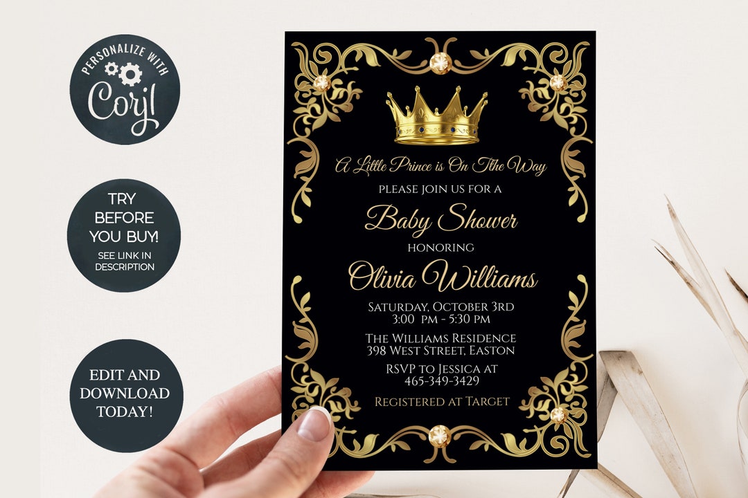 Prince Baby Shower Invitation, Prince, King, Royal, Black, Gold, Baby ...