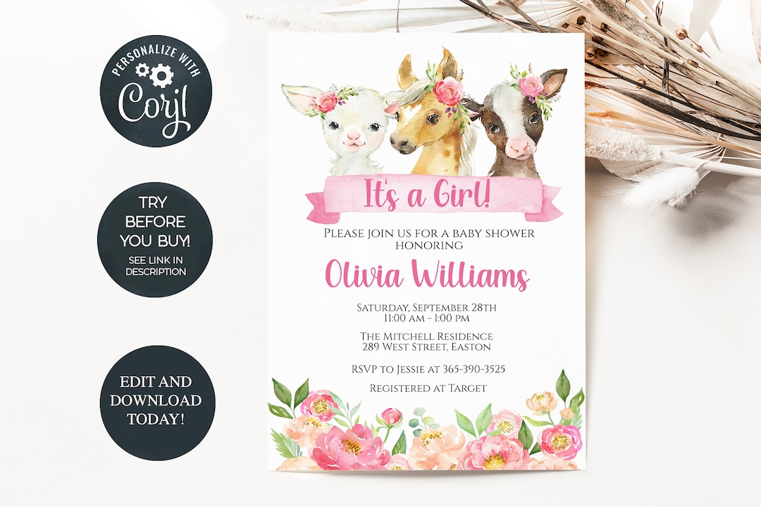 Farm Girl Baby Shower Invitation, Farm, Country, Animal, Horse, Cow ...