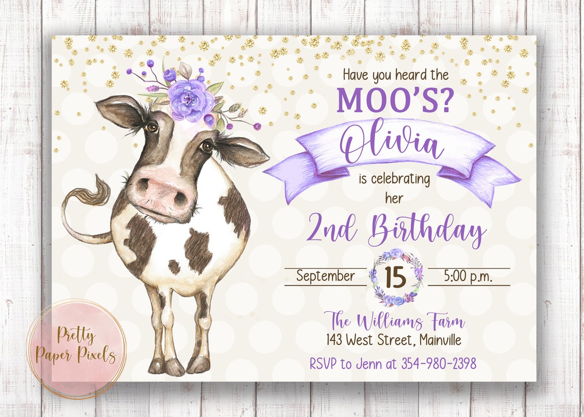 Cow Birthday Party Invitation, Cow, Farm, Purple, Floral, Country ...