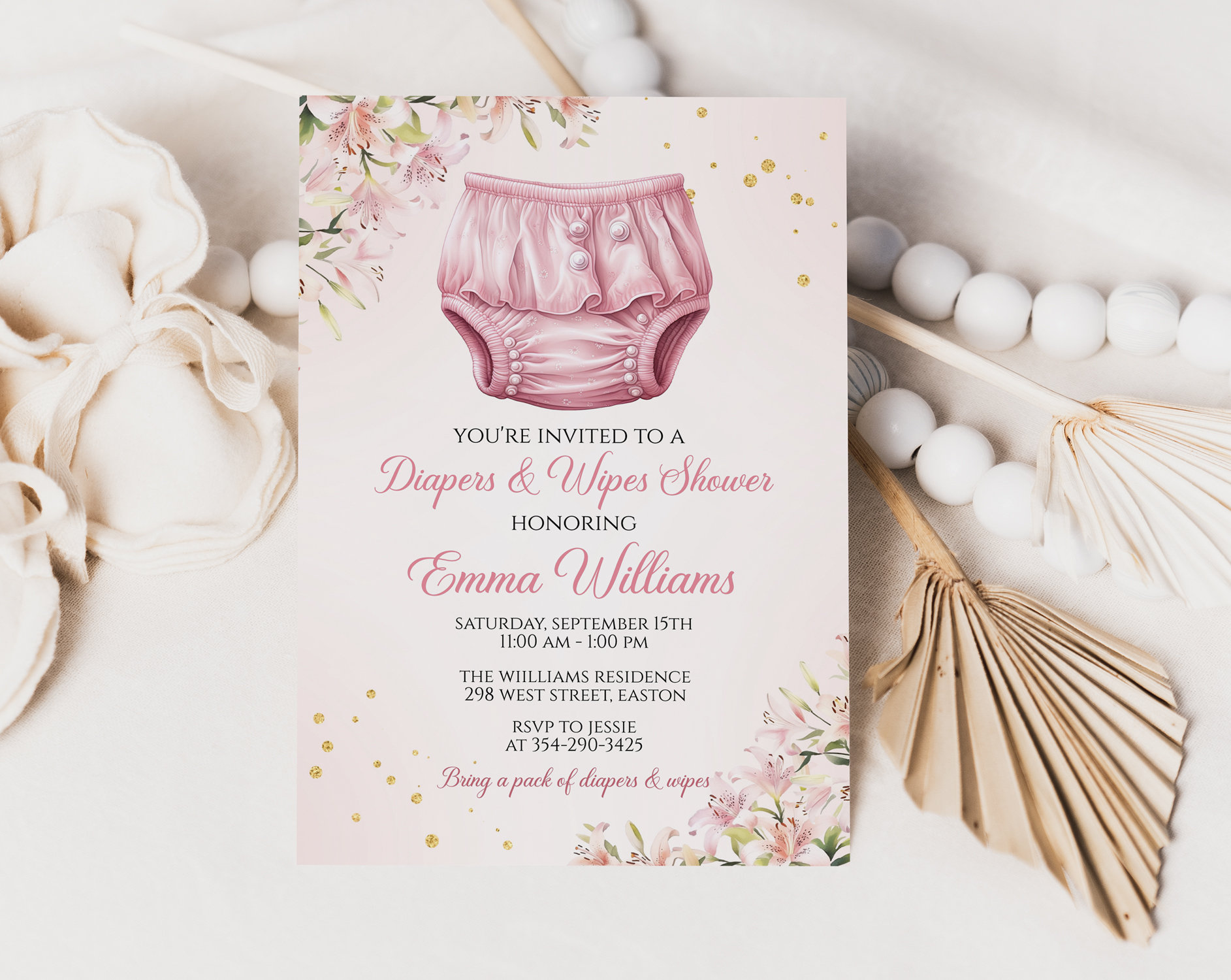 INSTANT DOWNLOAD Girl Diapers and Wipes Baby Shower Invitation, Diaper ...