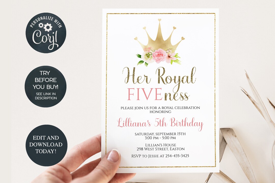 Royal Fiveness Invitation, Fifth Birthday, 5th, Five, Princess, Girl ...