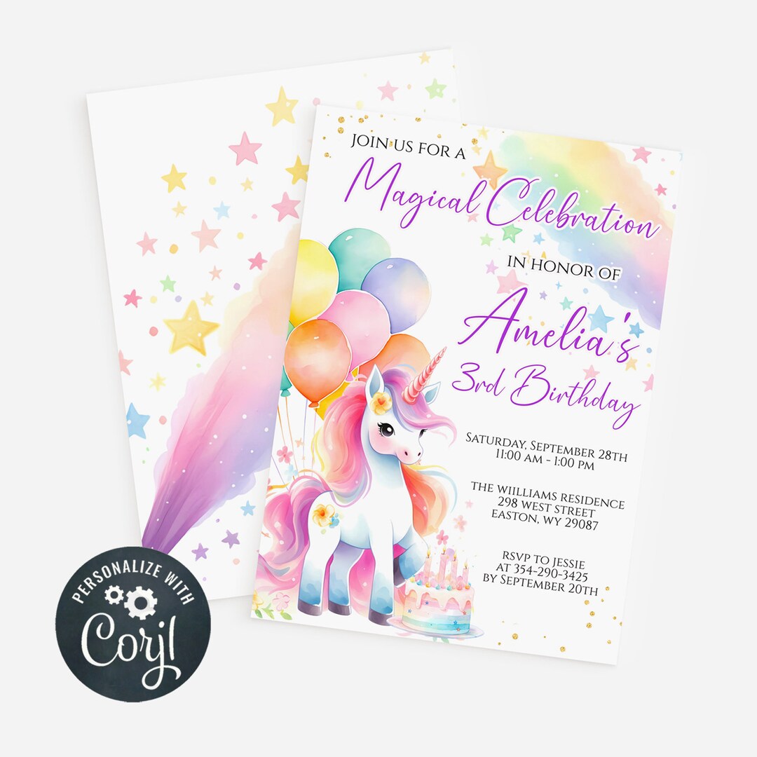INSTANT DOWNLOAD, Unicorn Birthday Party Invitation, Rainbow, Magical ...