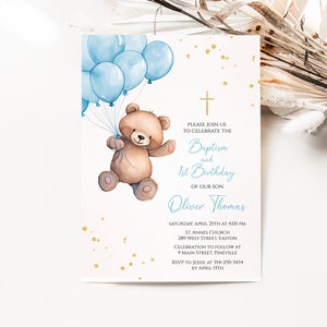 Teddy Bear 1st Birthday and Baptism Invitation, Baby Boy Baptism, One ...