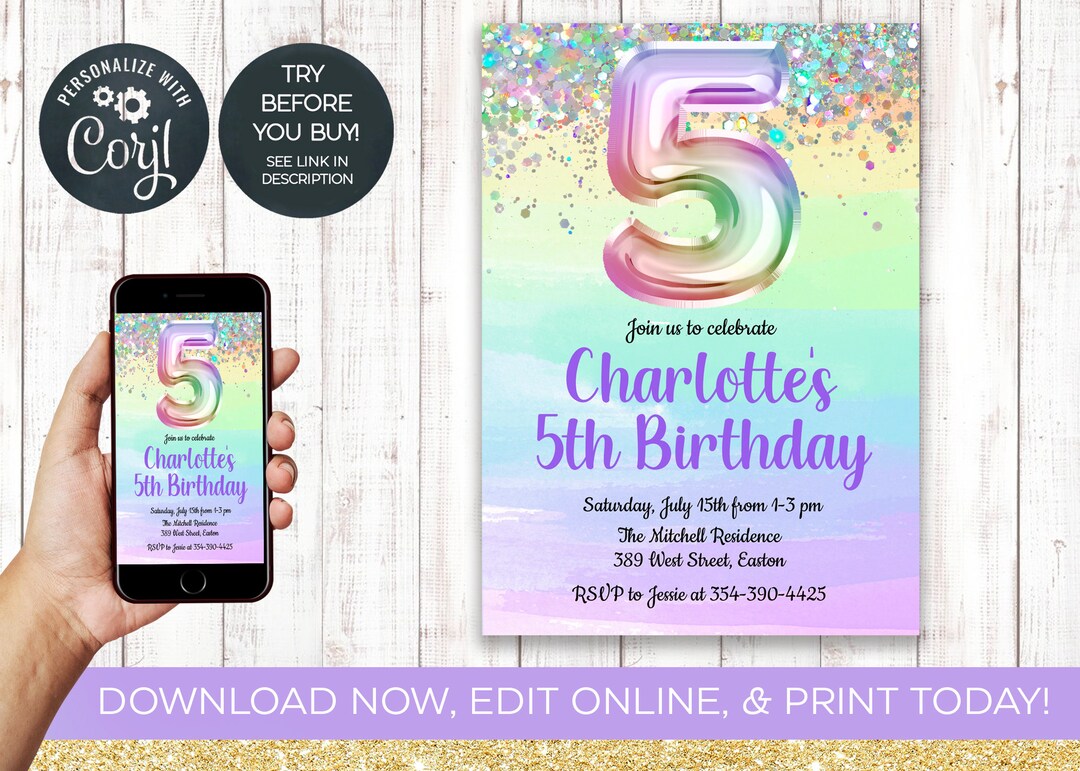 5th Birthday Invitation, Holographic Rainbow Pink, Glitter, Birthday ...