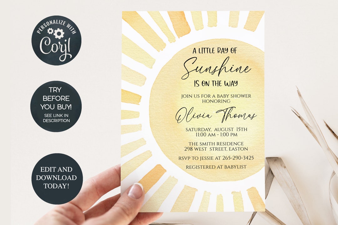 Sunshine Baby Shower Invitation, Sun, Baby, Girl, Boy, Neutral, Little ...