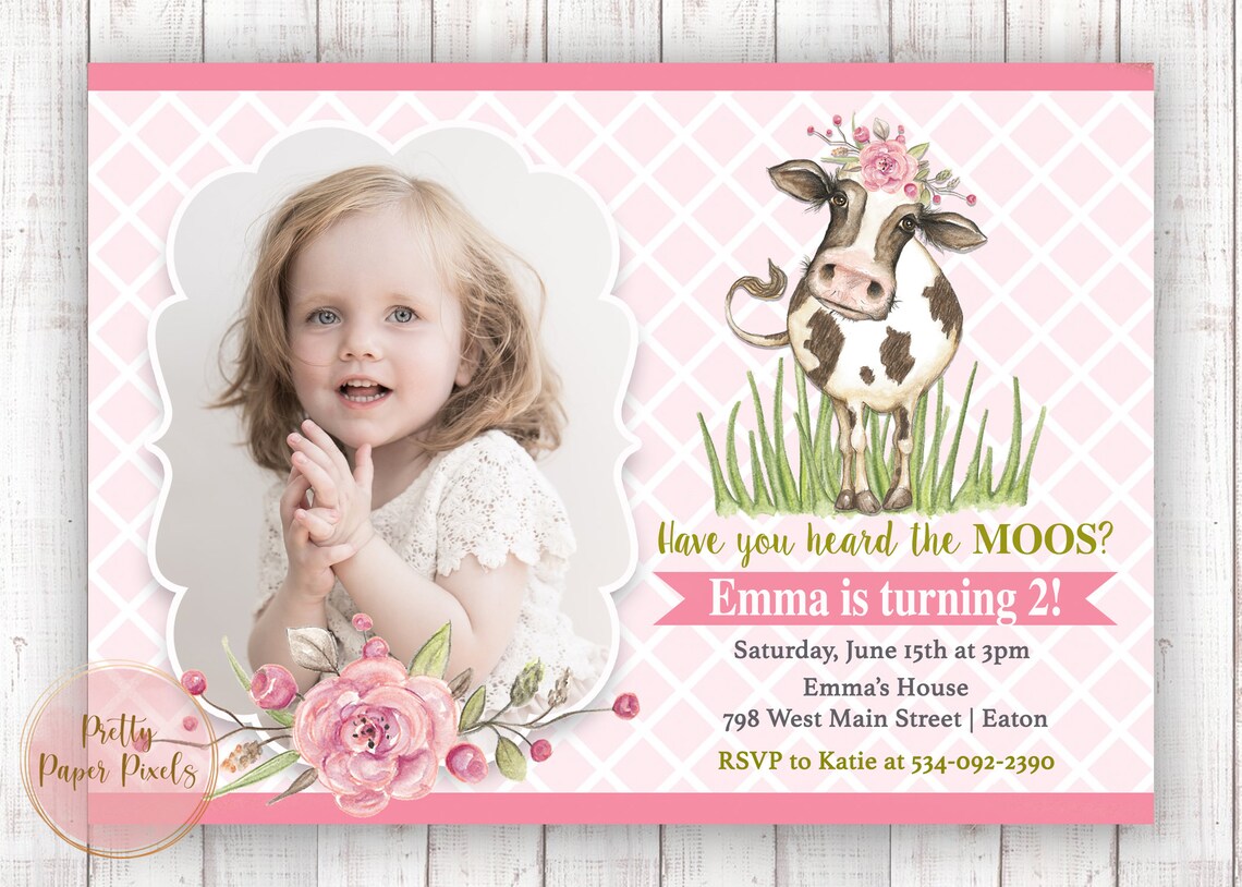 Cow Birthday Party Invitation, Cow, Farm, Girl, Animals, Girl, Pink ...