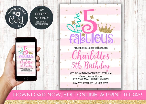 Five and Fabulous Birthday Party Invitation Fifth Five 5th | Etsy