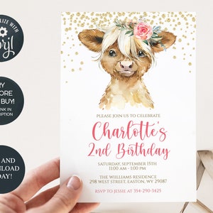 Cow Girl Birthday Party Invitation, Girl, Cow, Animal, Farm, Pink, Gold ...