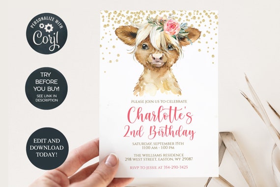 Cow Girl Birthday Party Invitation Girl Cow Animal Farm - Etsy