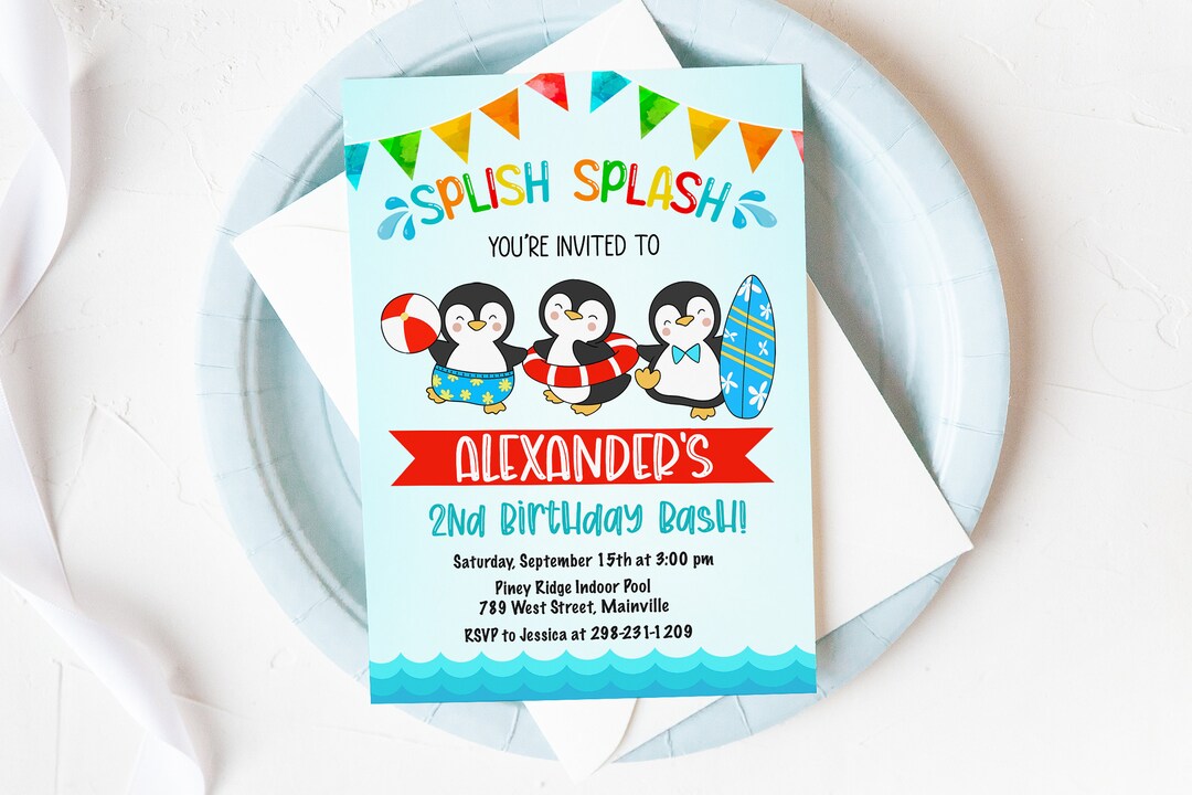 Penguin Pool Party Birthday Invitation Penguin Summer - Etsy