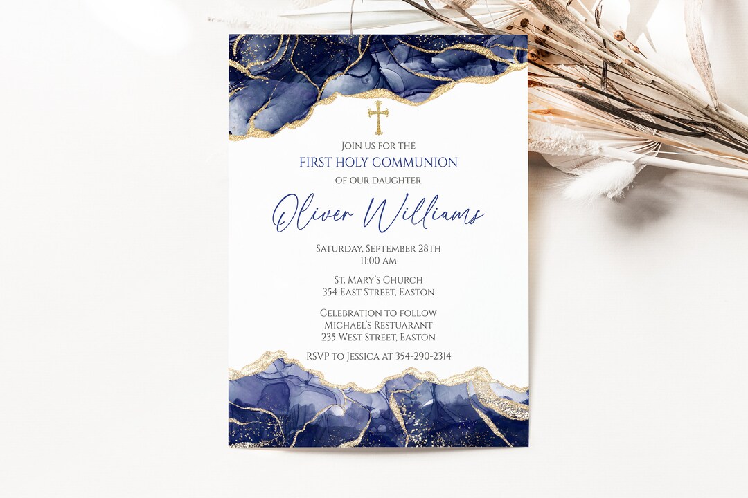 First Communion Blue and Gold Agate Boy Invitation, Agate, Communion ...