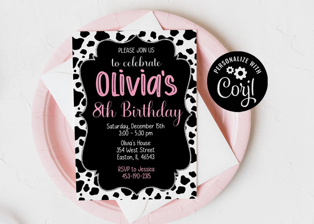 Cow Birthday Party Invitation, Silver, Pink, Girl, Farm, Cow, Birthday ...