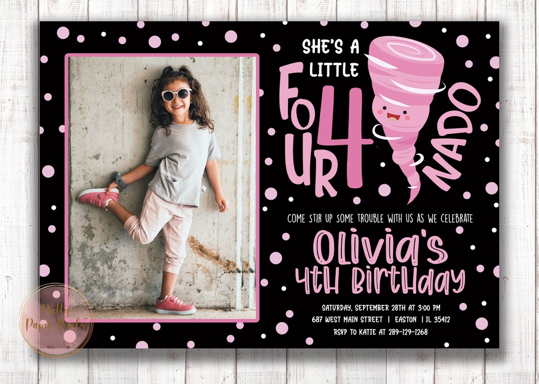 Fournado Birthday Invitation, Fourth Birthday Invitation, Tornado, Girl ...