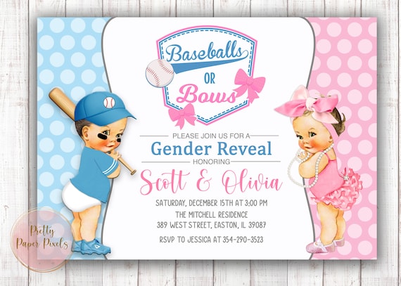 Baseballs or Bows Gender Reveal Invitation Baseball Bows - Etsy