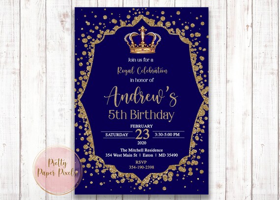 Invitación de cumpleaños azul y oro celebración real | Etsy México