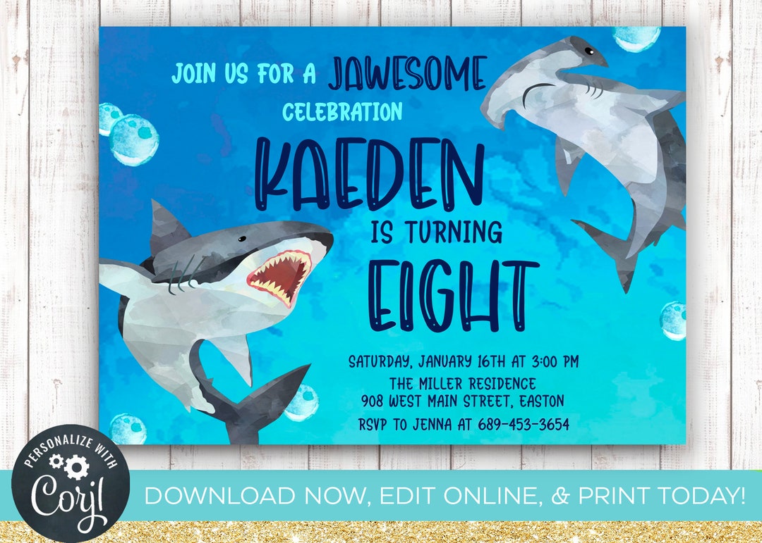 Shark Birthday Party Invitation, Shark, Boy, Girl, Shark Theme ...