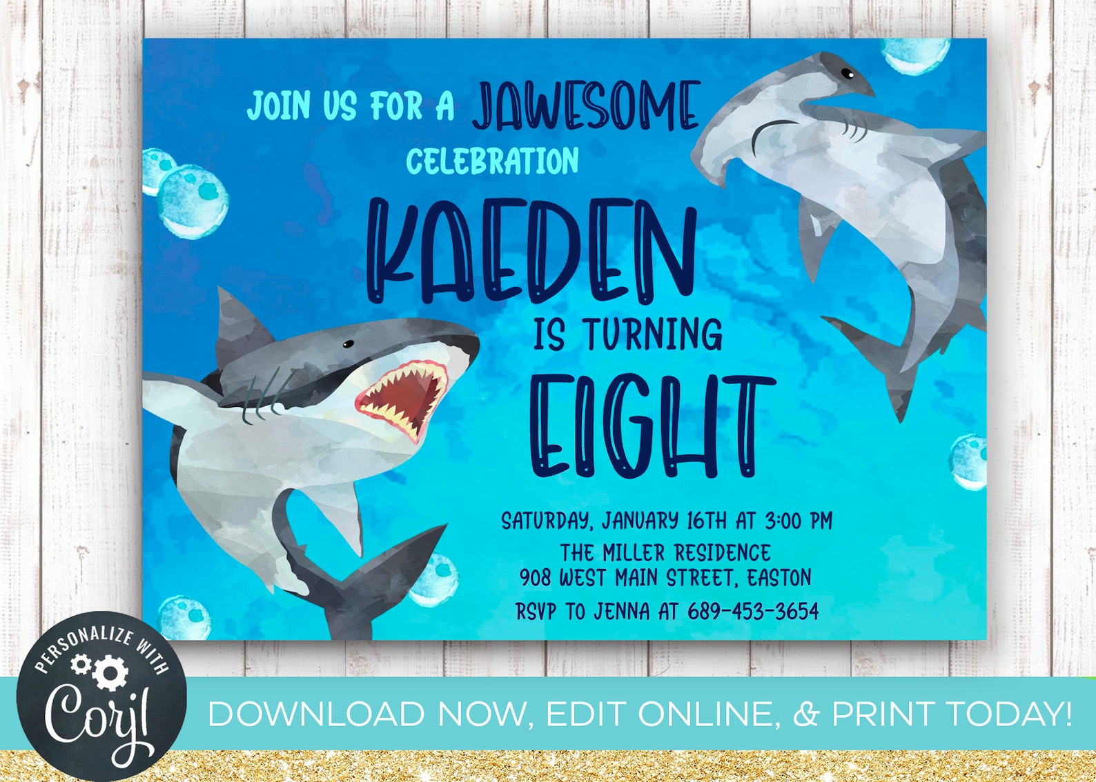 Shark Birthday Party Invitation, Shark, Boy, Girl, Shark Theme ...