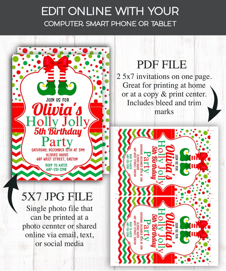 Elf Birthday Party Invitation Christmas Birthday Elf Holly - Etsy