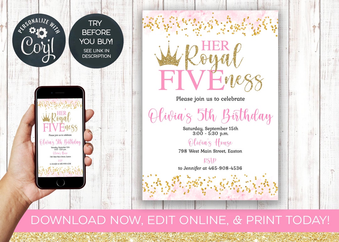 Royal Fiveness Invitation, Fifth Birthday, 5th, Five, Princess, Girl ...