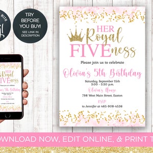 Royal Fiveness Invitation, Fifth Birthday, 5th, Five, Princess, Girl ...