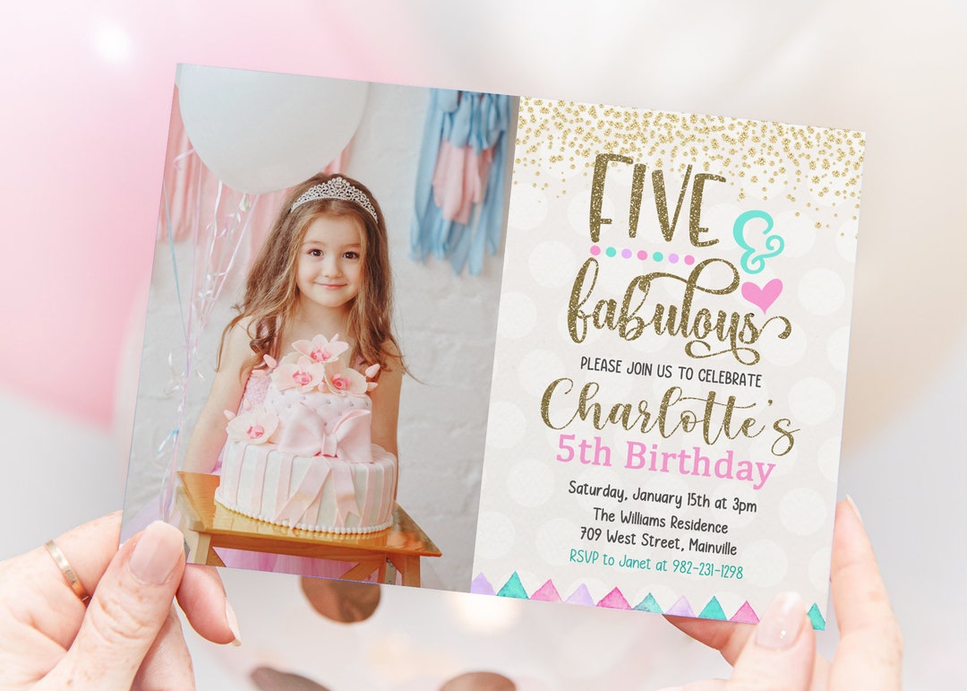 Five and Fabulous 5th Birthday Party Invitation, Invitation With Photo ...