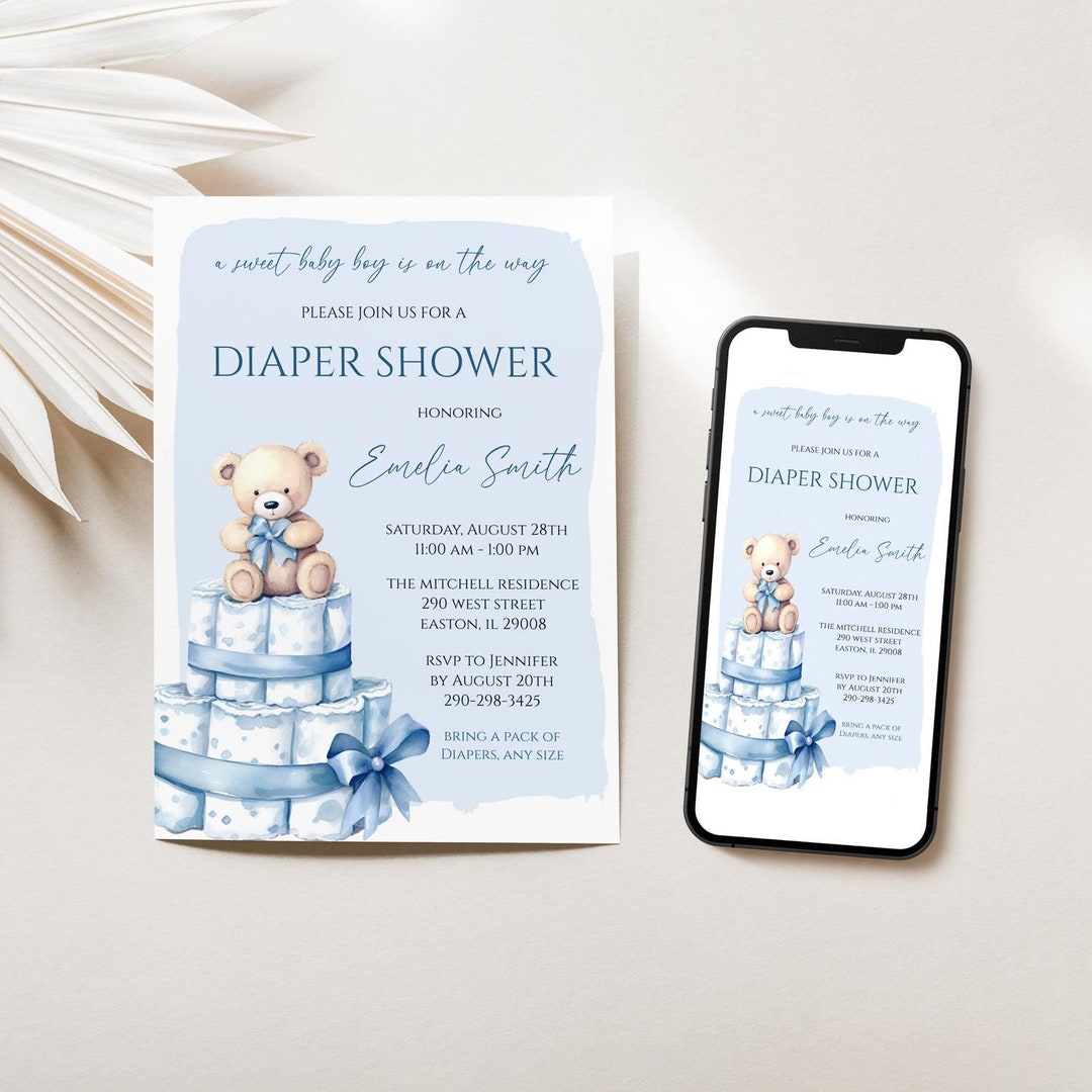 Instant Download - Boy Diaper Shower Invitation - Baby Boy - Teddy Bear ...