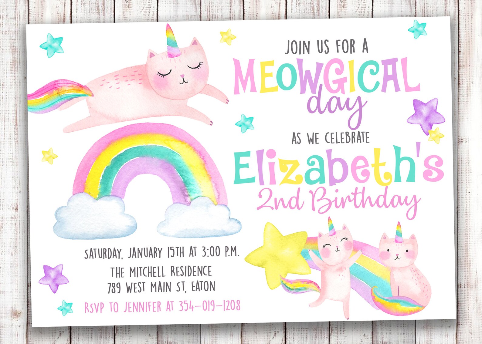 Caticorn Birthday Party Invitation Cat Unicorn Rainbow | Etsy