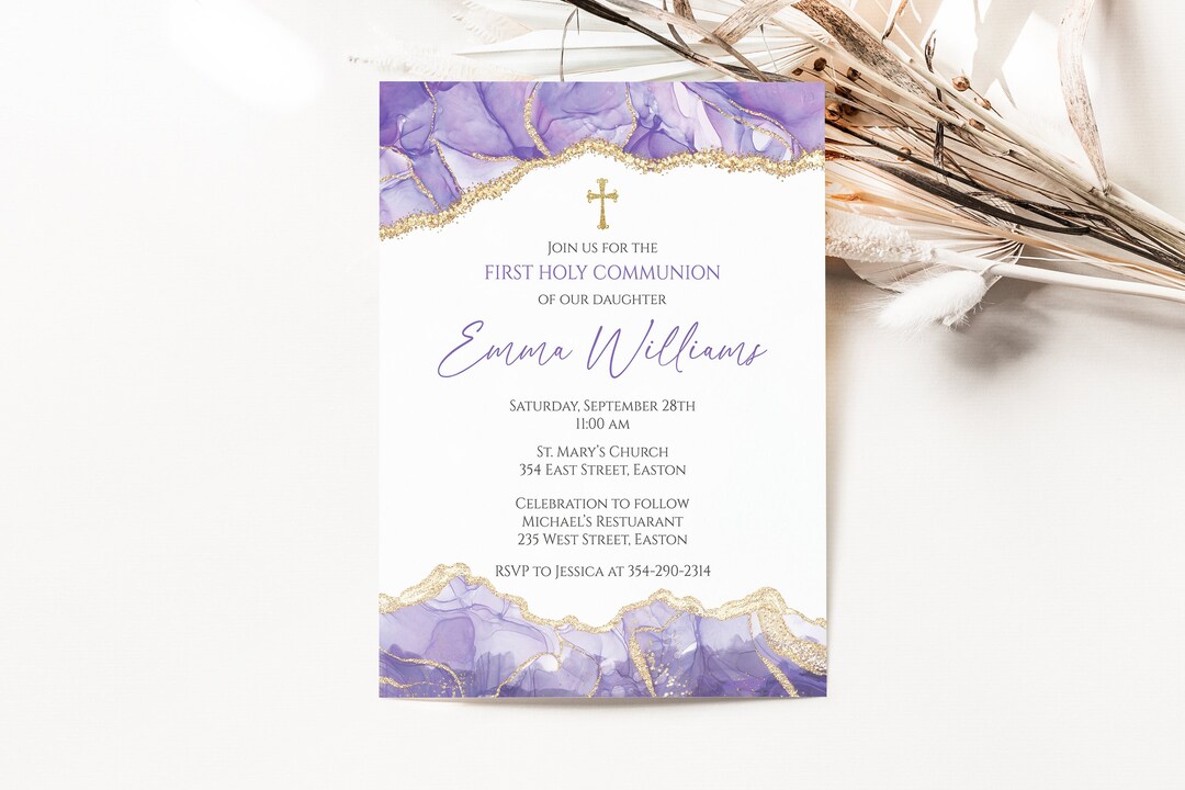 First Communion Purple and Gold Agate Girl Invitation, Agate, Communion ...