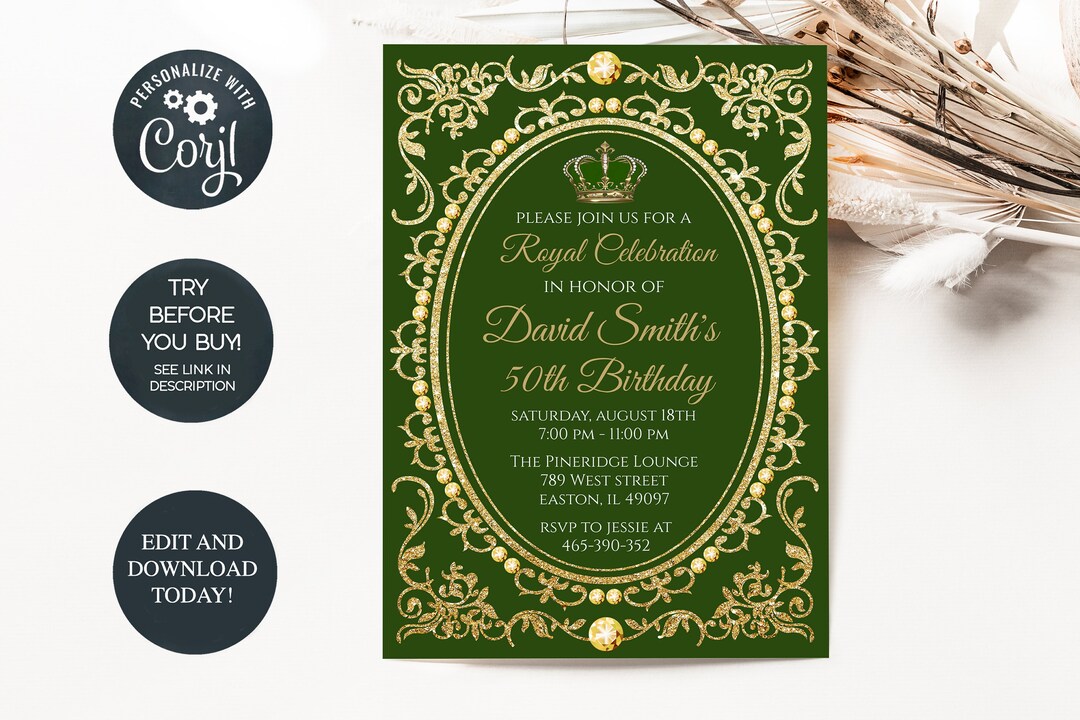 Royal Birthday Party Invitation, King, Queen, Green Gold, Birthday ...