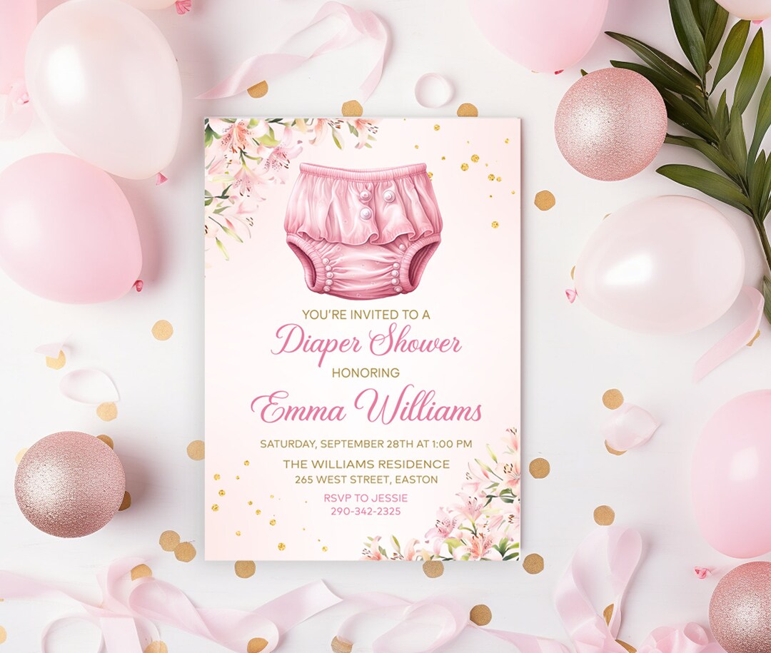 Baby Girl Diaper Shower Invitation, Baby Shower Invite, Pink and Gold ...