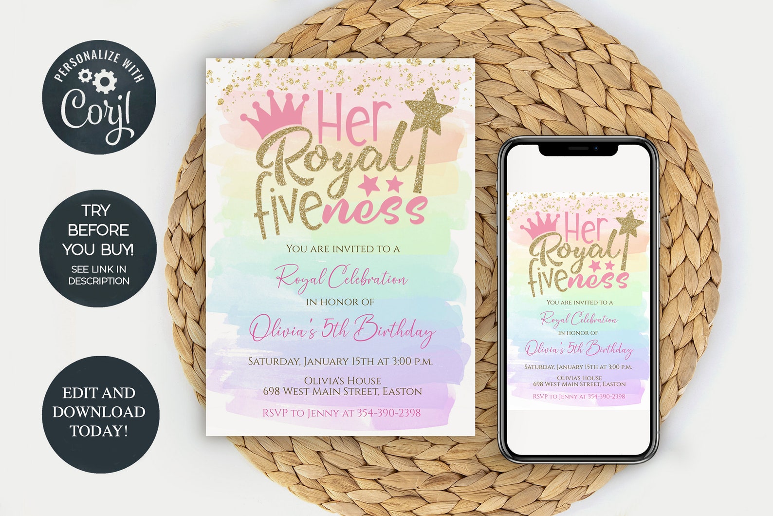 Royal Fiveness Birthday Party Invitation, Five, Five-ess, Princess ...