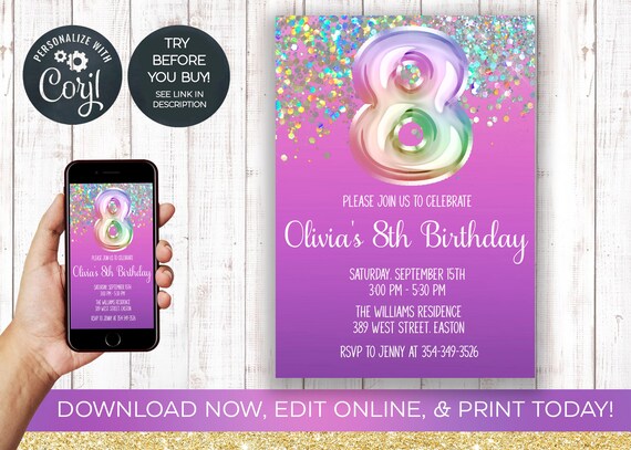 Paper 8th Birthday Invitation Editable Pink Stars Birthday Invitation