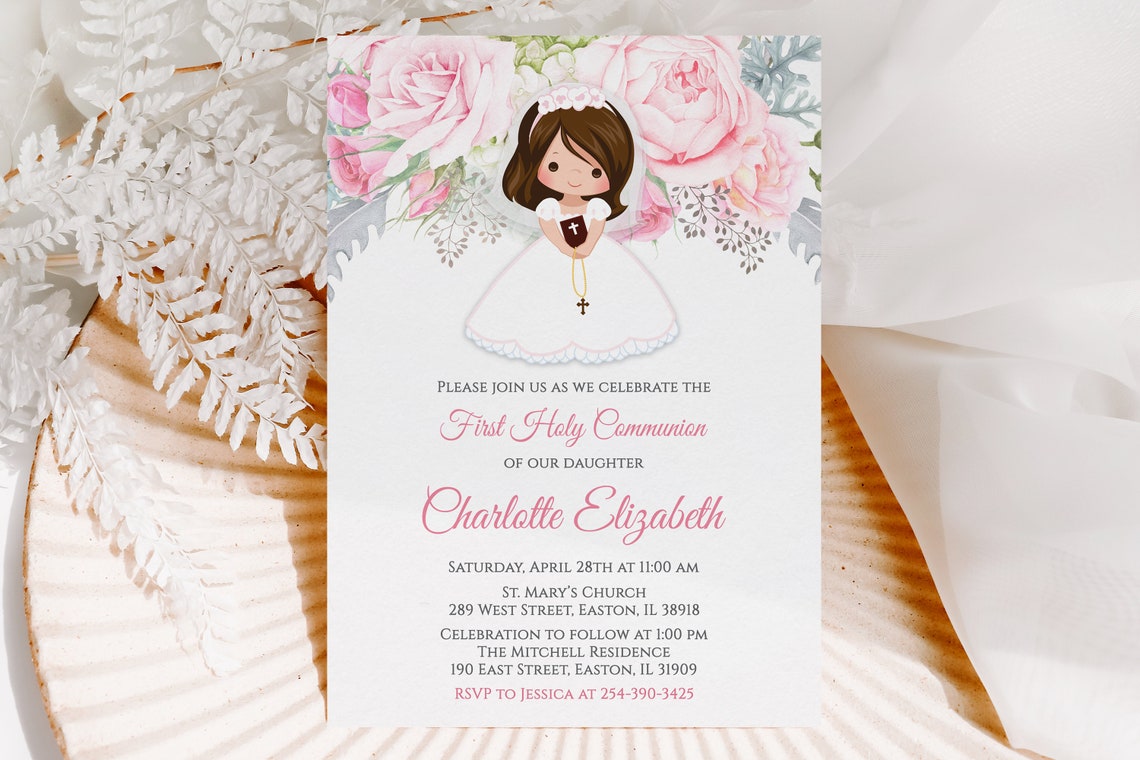First Communion Invitation, Communion, Girl, Invitation, Pink, Floral ...